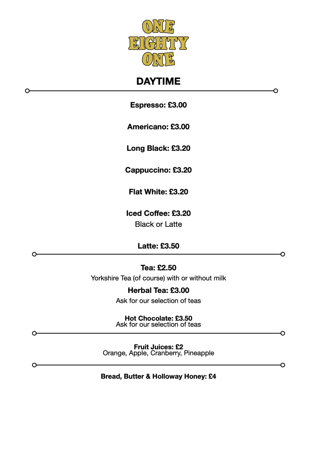 Menu - One Eighty One